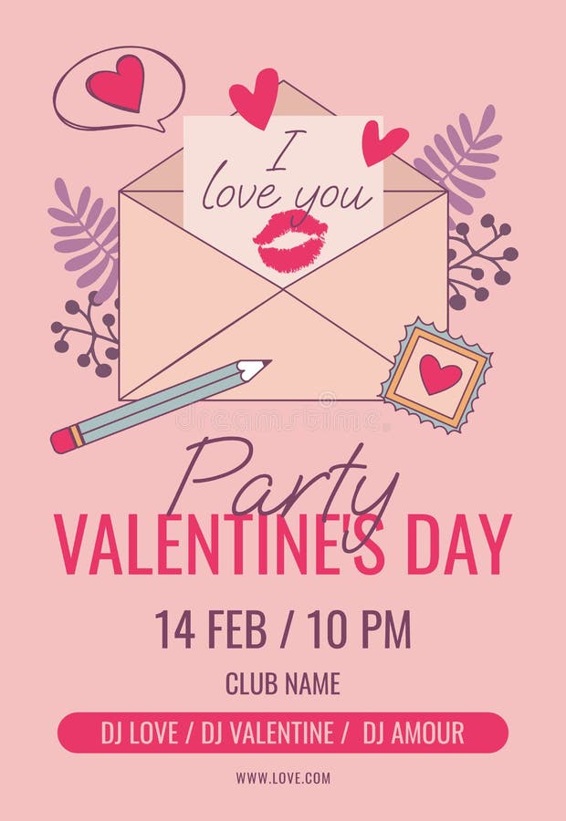 Valentines Day Party Poster on Pink Background with Cute Envelope ...