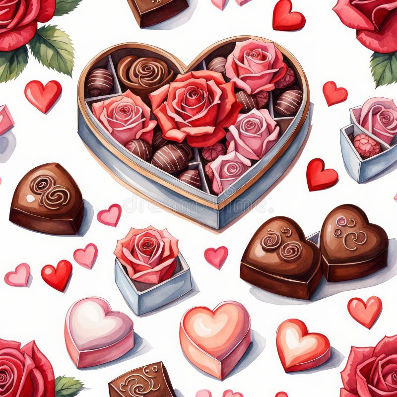 Valentines Day Pattern with Chocolate Candies, Heart-shaped Present Box ...