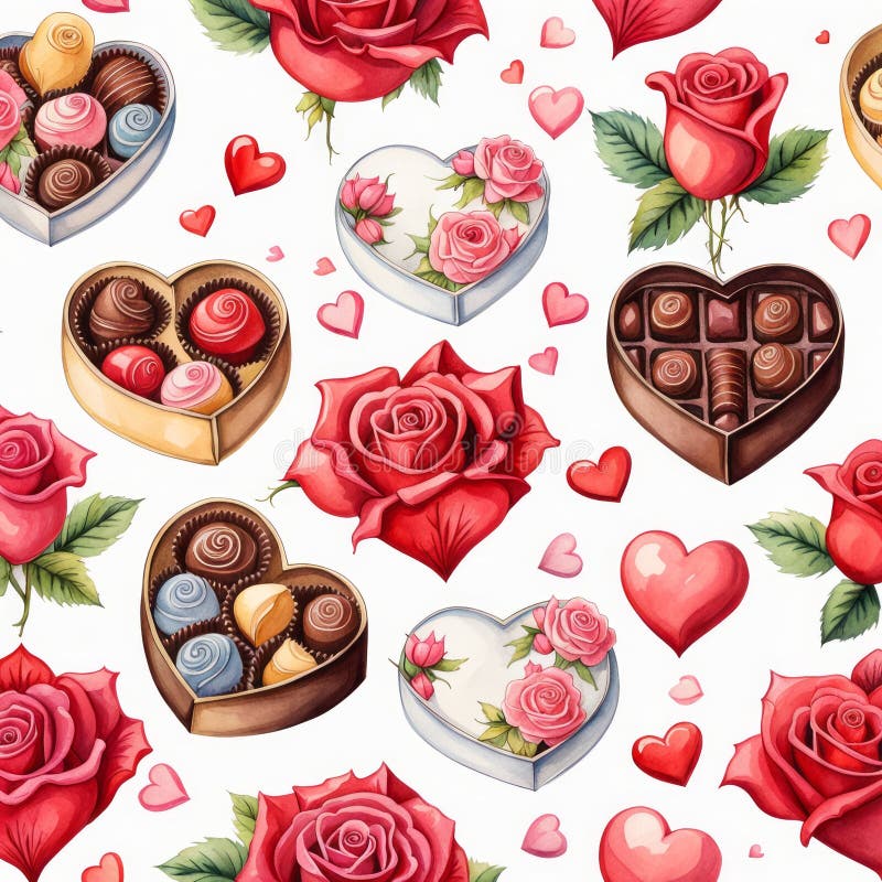 Valentines Day Pattern with Heart-shaped Chocolate Boxes, Roses and ...