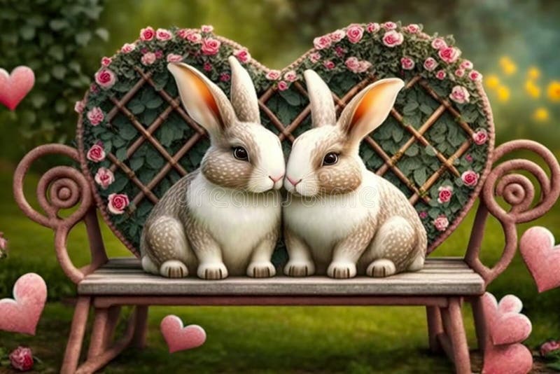 Valentines Day: Rabbit Couple Siting on a Heart Shaped Bench ...