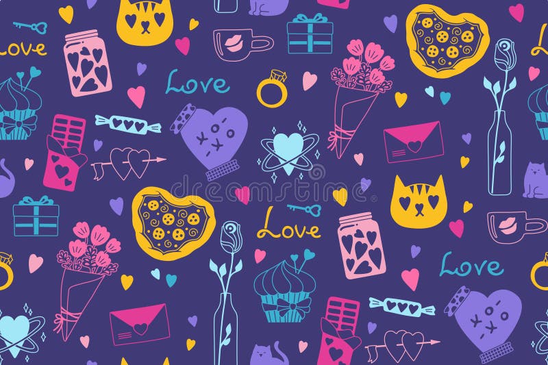 Valentines Day Romantic Elements Seamless Pattern Cute Abstract Doodle ...