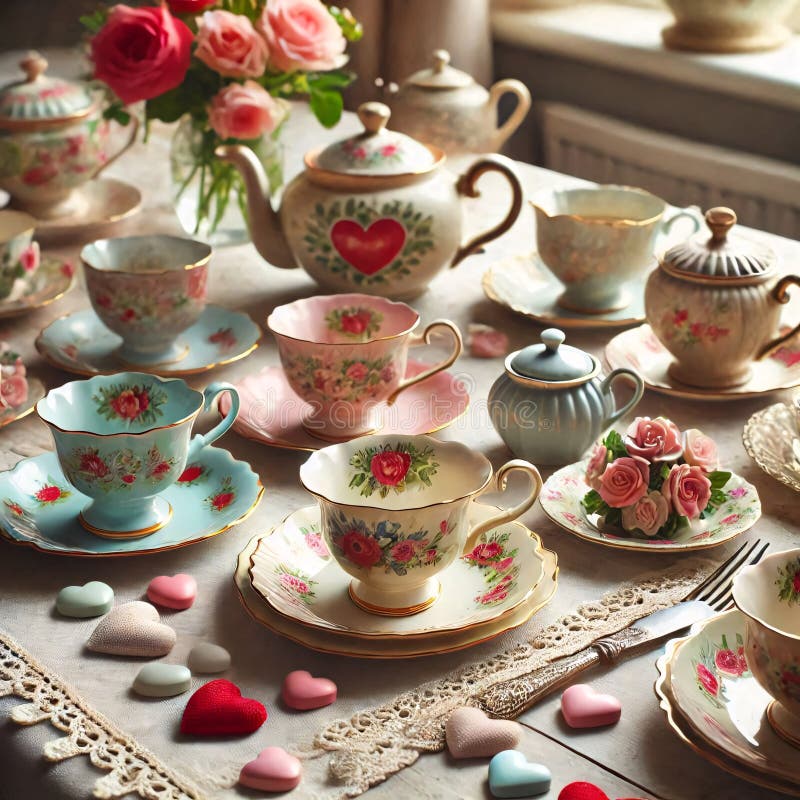 Valentines Day Variety of Tea Cups and Saucers Generative for AI Stock ...