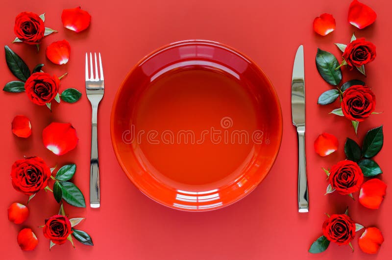 Valentines Dining Concept with Red Plate, Fork and Knife Put on Red ...