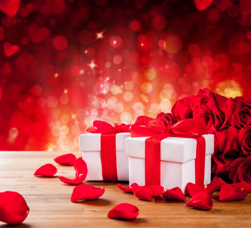 Valentines Gift Boxes on Abstract Red Background Stock Image - Image of ...
