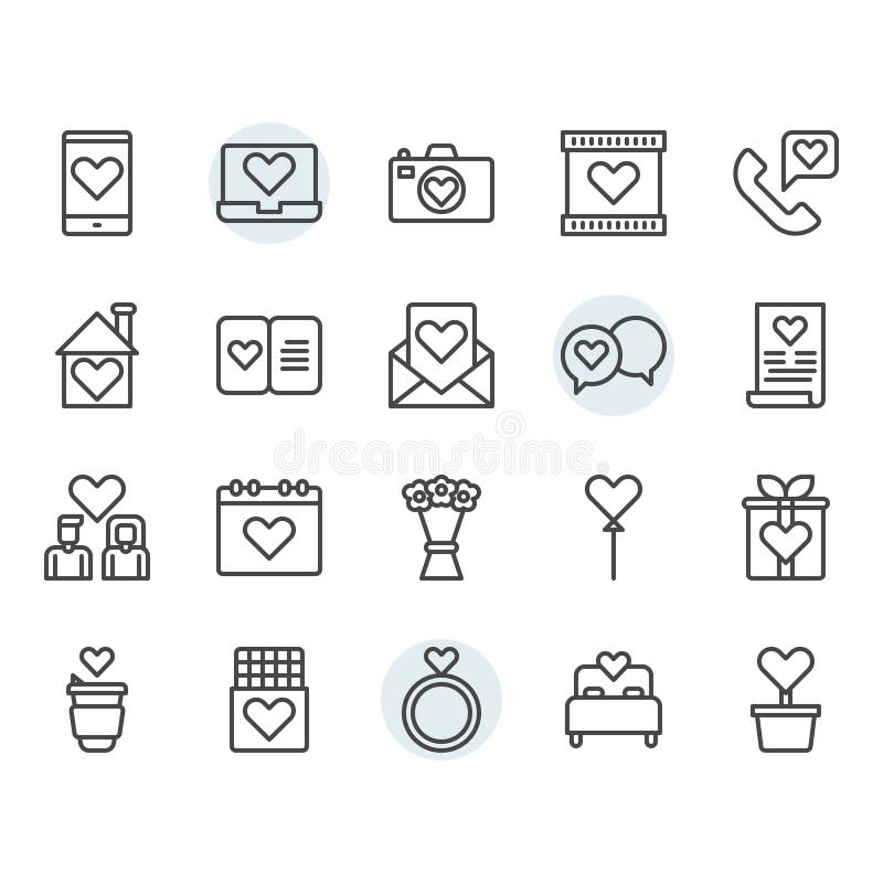 Valentines and Love Icon and Symbol Set in Outline Design Stock Vector ...