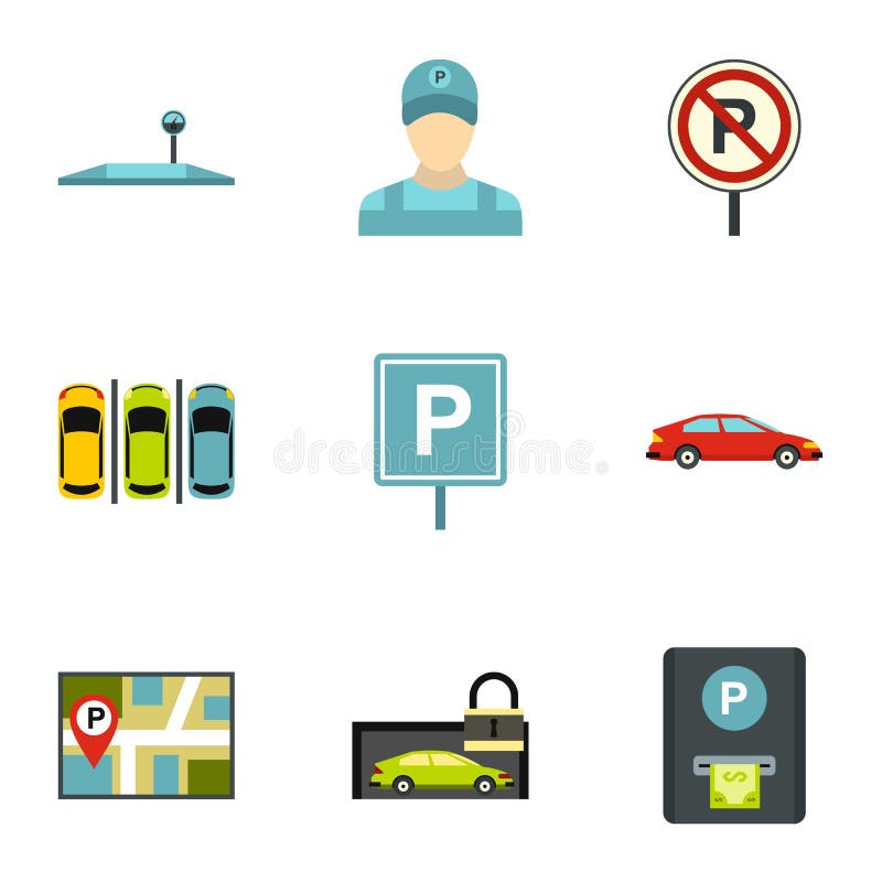 Valet Parking Icons Set, Flat Style Stock Vector - Illustration of ...