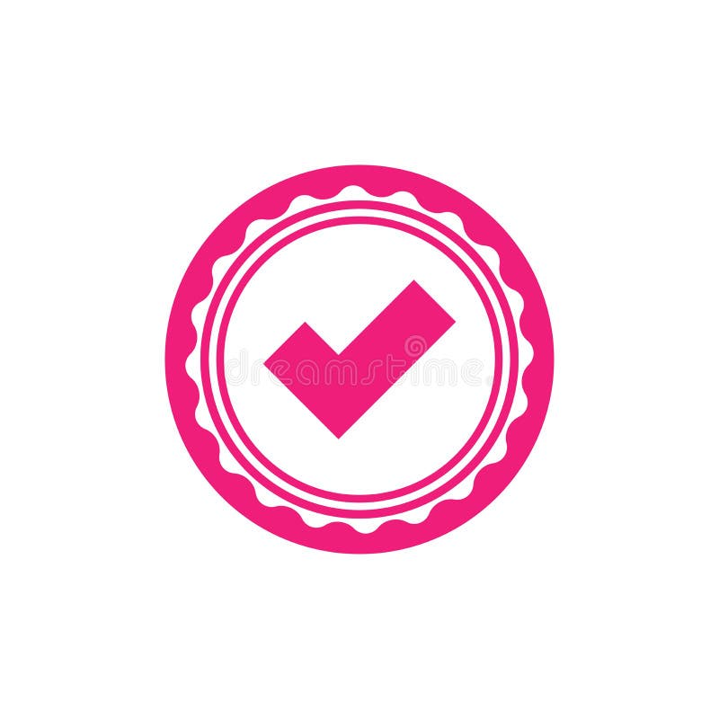Valid Seal Icon. Pink Circle with Ribbon Outline and Pink Tick. Flat OK ...