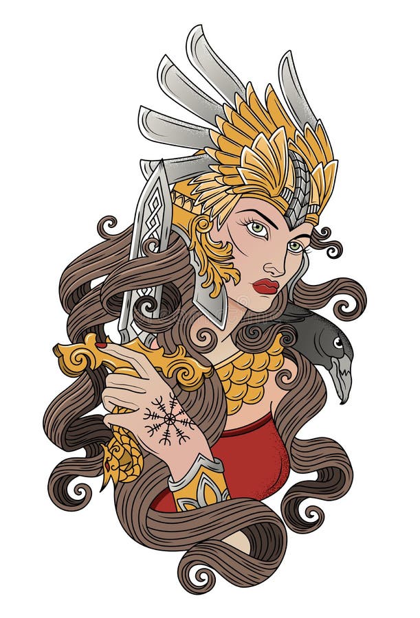 Valkyria Vikings with a Sword in Hand and a Crow Stock Vector ...