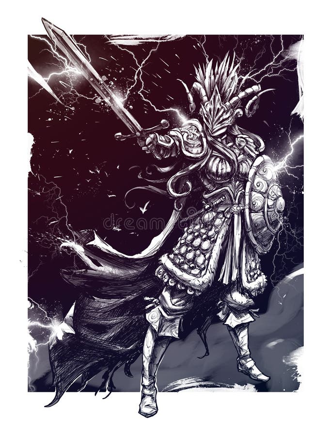 Valkyrie Shrouded in Golden Lightning Stock Illustration - Illustration ...