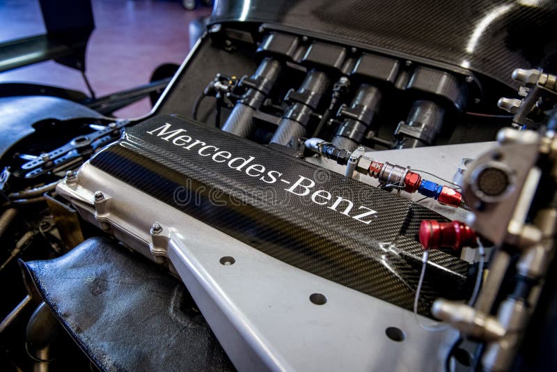 Selective Focus on Mercedes-Benz Engine Logo Name on Formula Racing Car ...