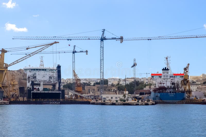Valletta, Malta: 01. October 2024: Ships and Cranes at the Docks of the ...