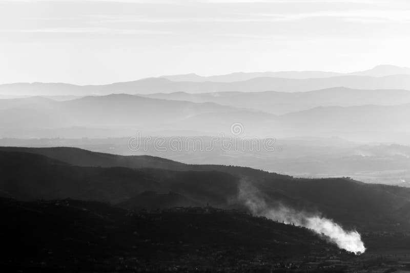 Valley Filled by Mist, with Smoke in the Foreground and Distant Stock ...