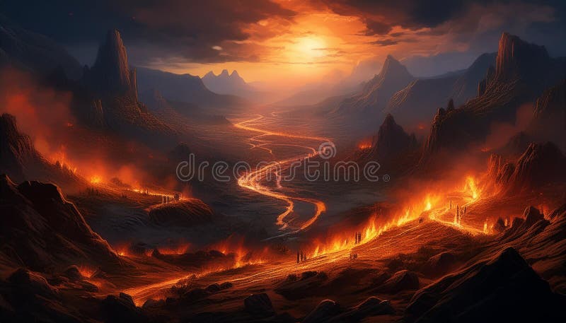 Illustration of Purgatory or Hell with Fire and Mountains Stock ...