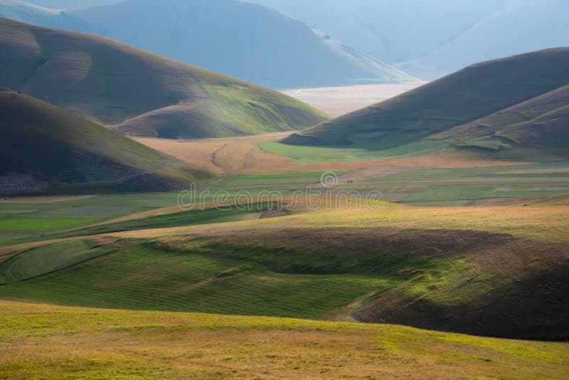 Valley with Green Agricultural Fields in Summer Stock Photo - Image of ...