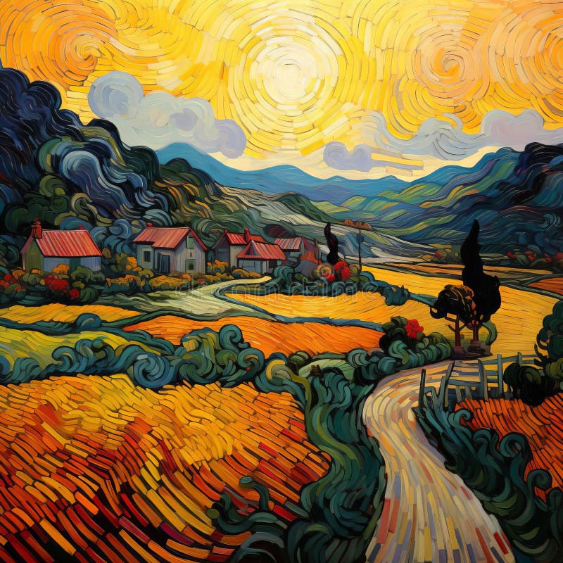 Vibrant Post-impressionism Valley Landscape with Rolling Hills Stock ...