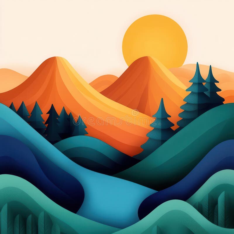 Valley Landscape Flat Design Top View Dawn Theme Cartoon Drawing ...