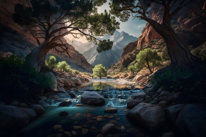 Valley Landscape with Trees and River in Mountains. Neural Network AI ...