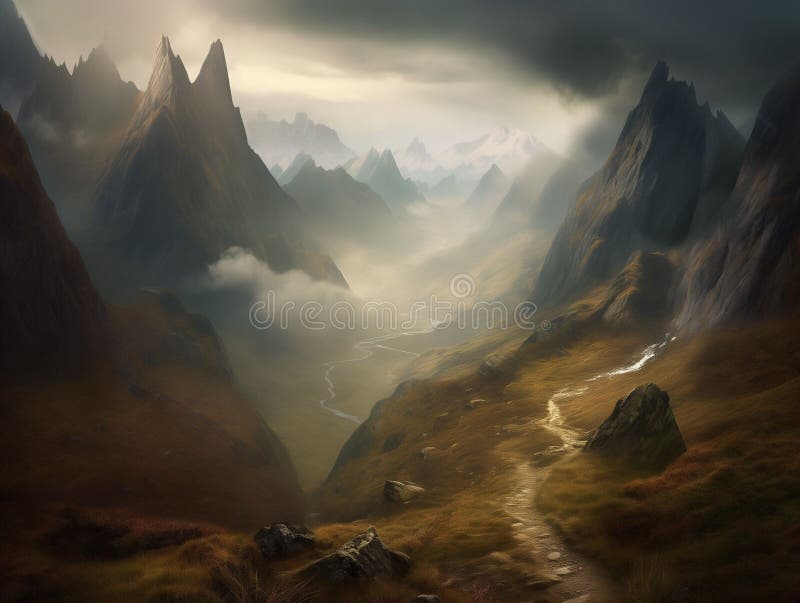 A Valley and a Large Mountain are Shown in this Digital Art Image Stock ...