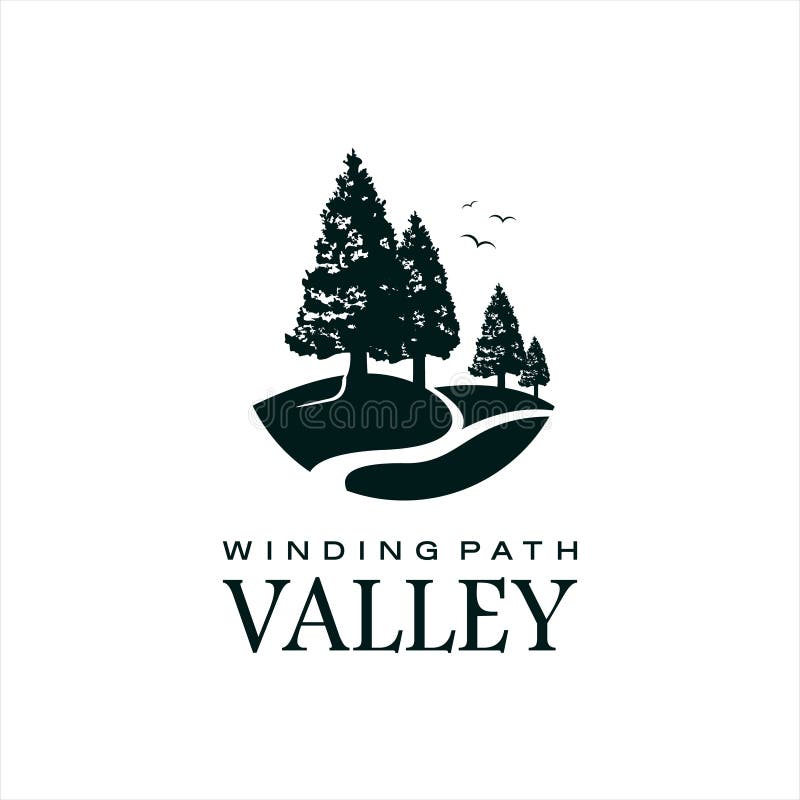 Valley Logo Vector with Black Pine Tree Silhouette Winding Path Stock ...