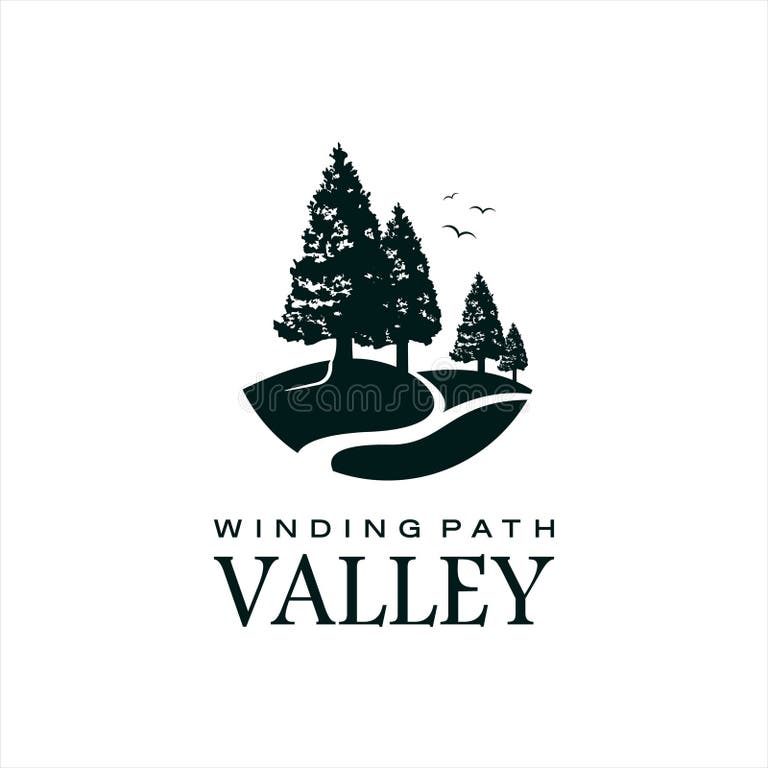 Valley Logo Vector with Black Pine Tree Silhouette Winding Path Stock ...