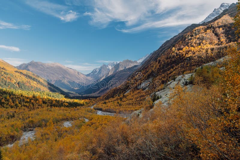 Valley with Mountains and Autumnal Forest. Mountain Landscape with ...