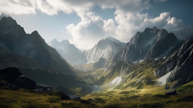 A Valley in the Mountains with Clouds Overhead and Grass Below Stock ...