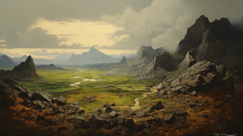 Antique Painting of a Rock River and Hilly Terrain with Mystical ...