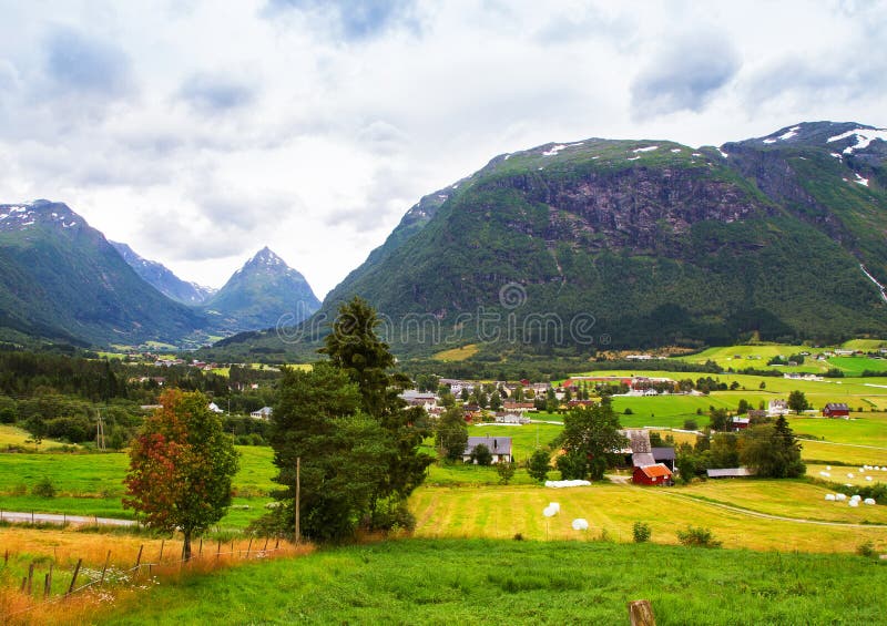 Valley in Mountains. Norway Landscape with Small Village. Stock Image ...