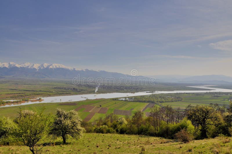 Valley of the Olt River with Mountains Background Stock Photo - Image ...