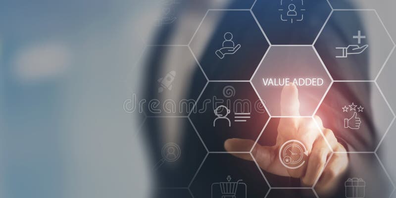 Value Added Concept. Touching on Virtual Screen To Create Values. Way ...