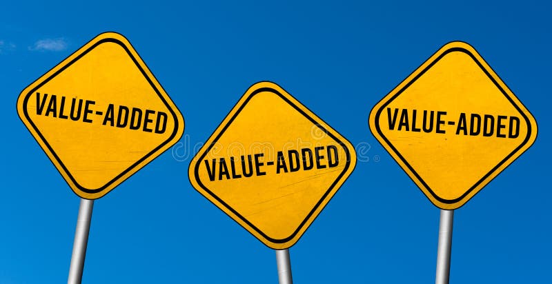 Value-added - Yellow Signs with Blue Sky Stock Photo - Image of ...