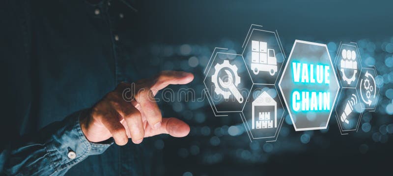 Businessman Hand Touching Value Chain Icon on Virtual Screen with Blue ...