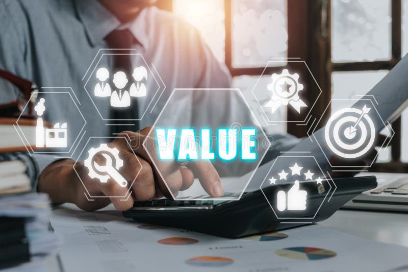 Businessman Working on Calculaor with Value Icon on Virtual Screen ...