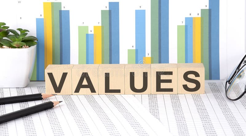 VALUES Word Written on the Wood Block with Chart, Glasses and Pencils ...