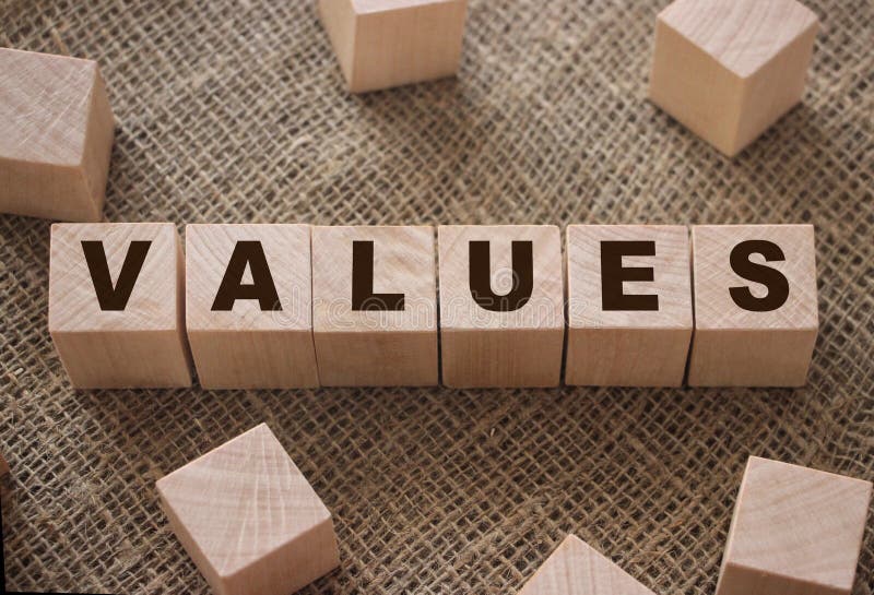 Values Word Written in Wooden Cubes on Burlap Background. Core Values ...