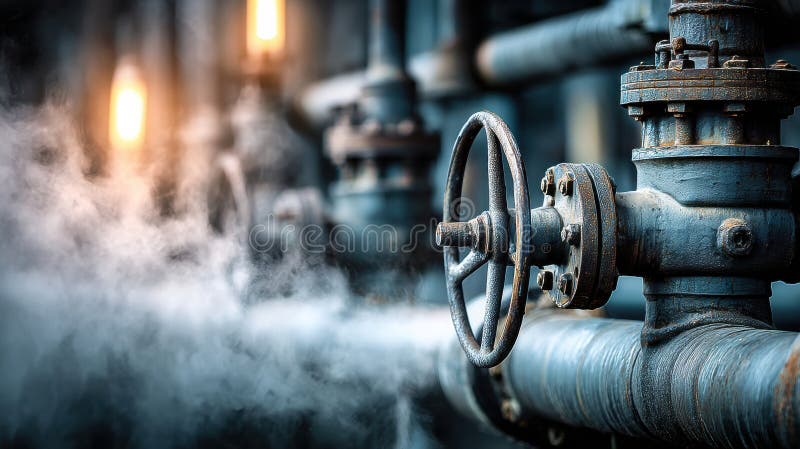 Close-up View of Refinery Valves and Pipes Releasing Steam with Warm ...