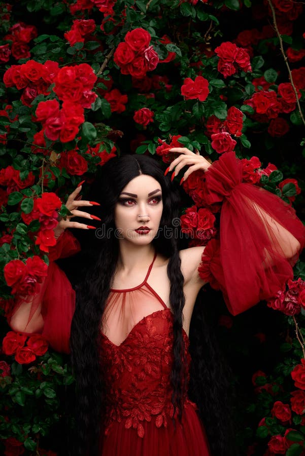 Vampire Girl on a Background of Red Roses Stock Photo - Image of black ...