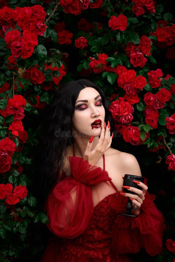 Vampire Girl on a Background of Red Roses Stock Photo - Image of black ...