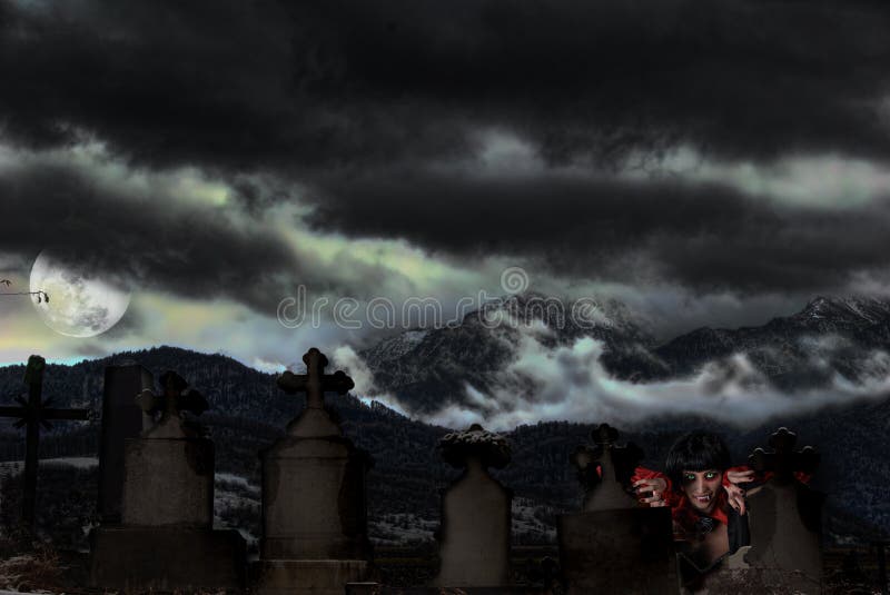 Vampire at a Graveyard on a Foggy Night with Full Moon Stock Image ...