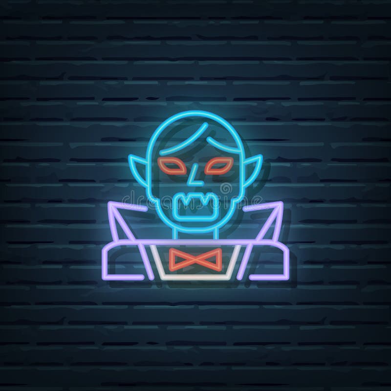 Vampire Neon Icon. Dracula Halloween Character on Brick Wall Background ...