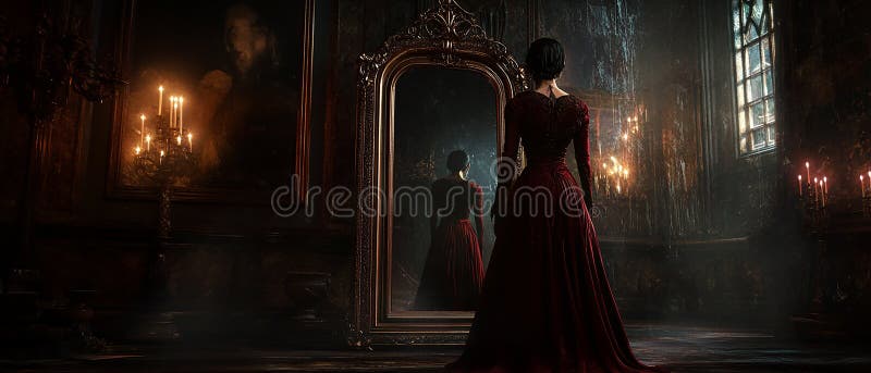 Vampire Reflection in a Moonlit Mirror Stock Illustration ...