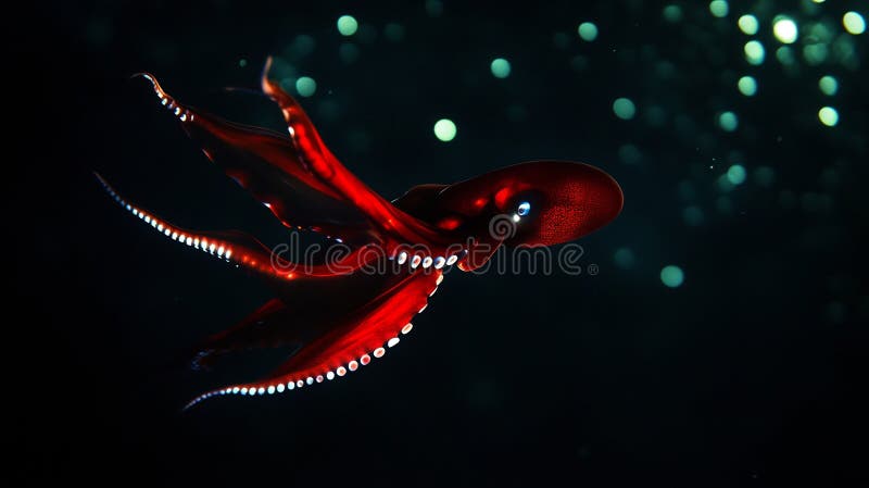 Vampire Squid Hovering in Deep Ocean Darkness, Its Bioluminescent Tips Glowing Softly Stock ...