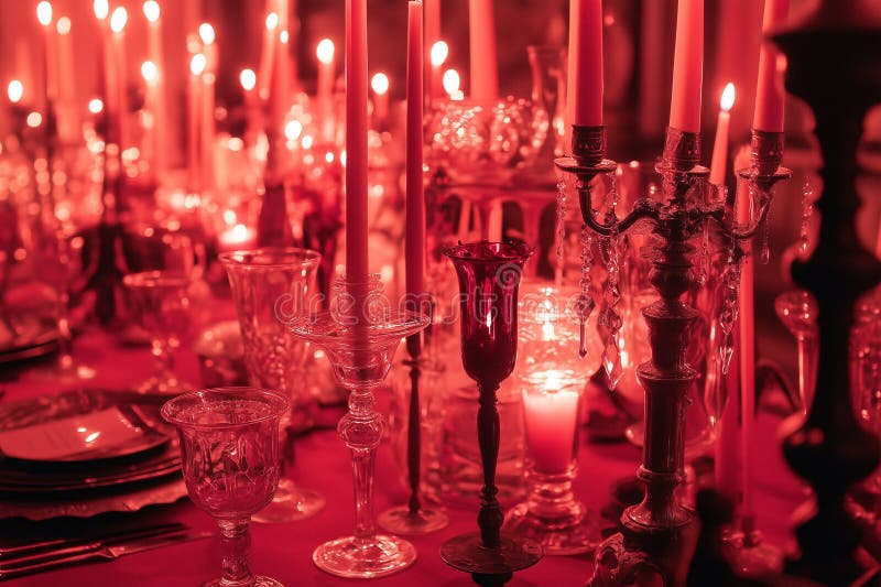 Vampire-Themed Table Setting with Red Light, Candlelight and Glases ...