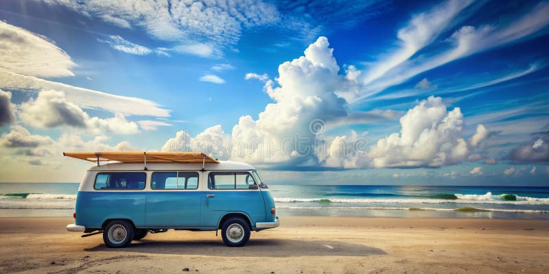 Van by the Beach, Blue Sky, Clouds, Vintage , Beach , Van , Sky Stock ...