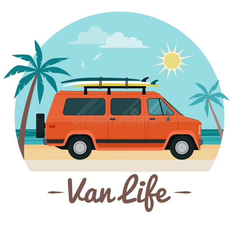 Van on the beach sticker stock vector. Illustration of tourism - 293657136