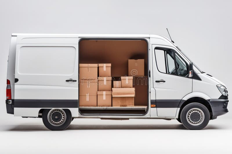 Van with Cardboard Boxes. Side View of a Delivery Service Van Stock ...