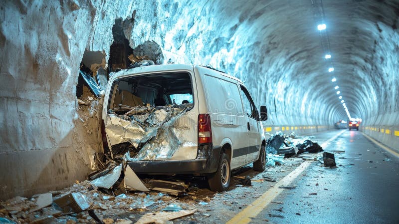 Van Collision Inside Tunnel with Severe Damage and Debris Scattered ...