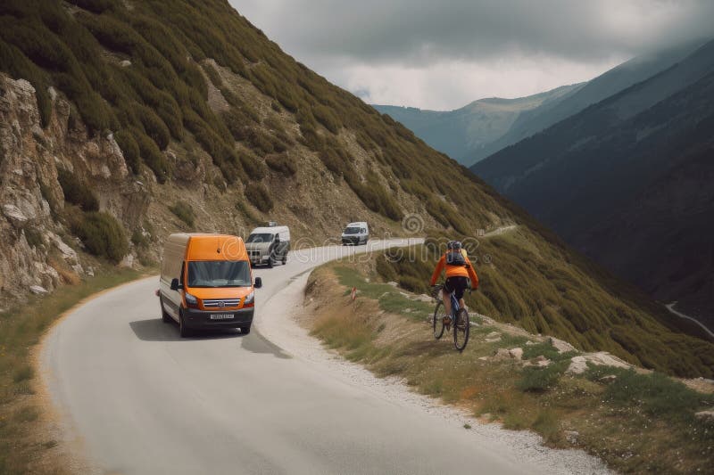 Van and Cyclist Sharing the Road on Mountain Pass Stock Illustration ...