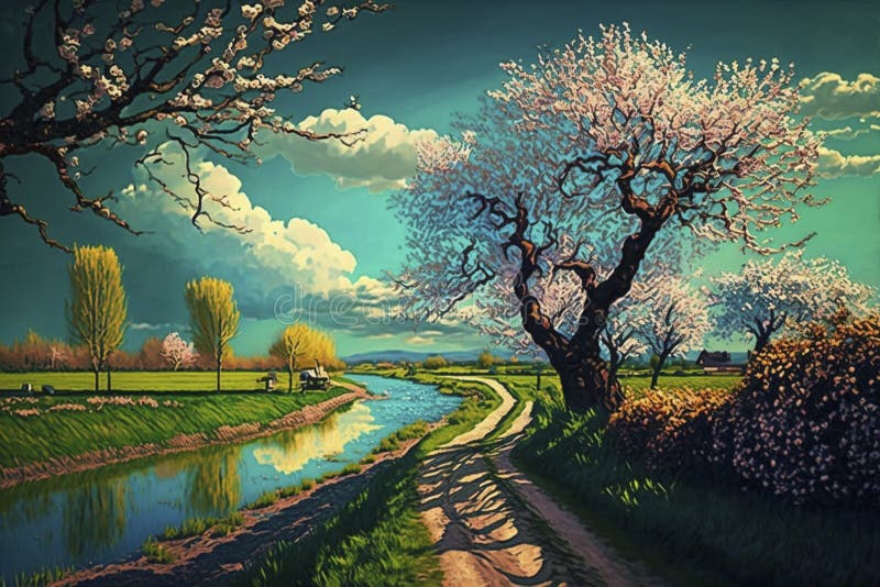 Van Gogh Style Painting. Stylized Landscape. Impressionist Background ...