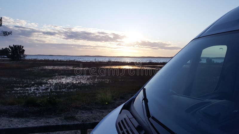 Van in Lake Sunset by the Sea in Way of Live Vanlife Stock Image ...